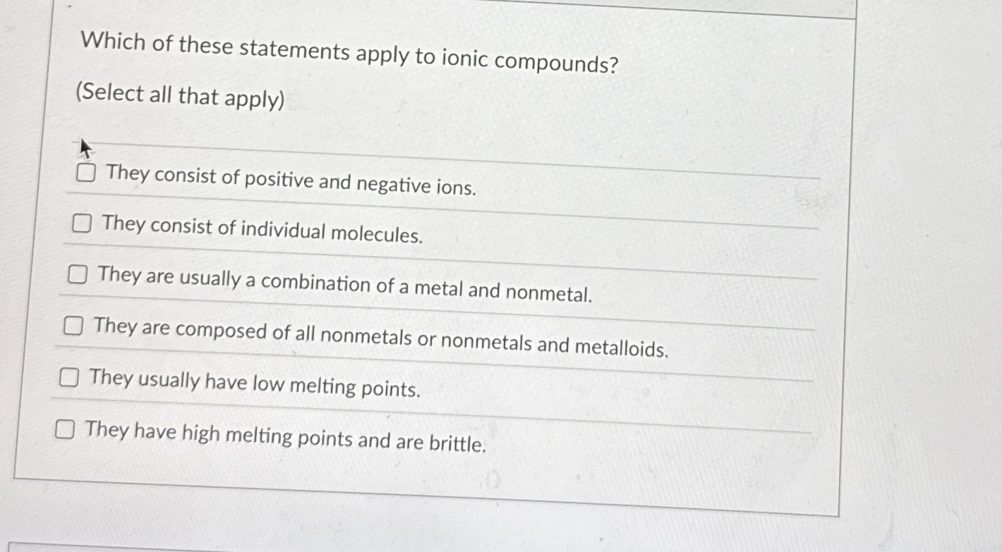 Solved Which of these statements apply to ionic | Chegg.com