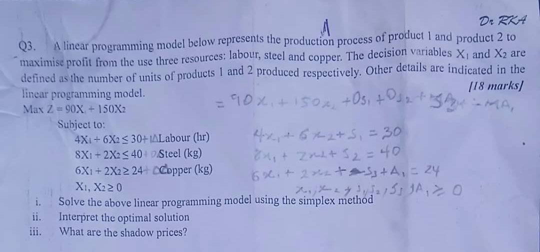 Q3. ﻿A linear programming model below represents the | Chegg.com