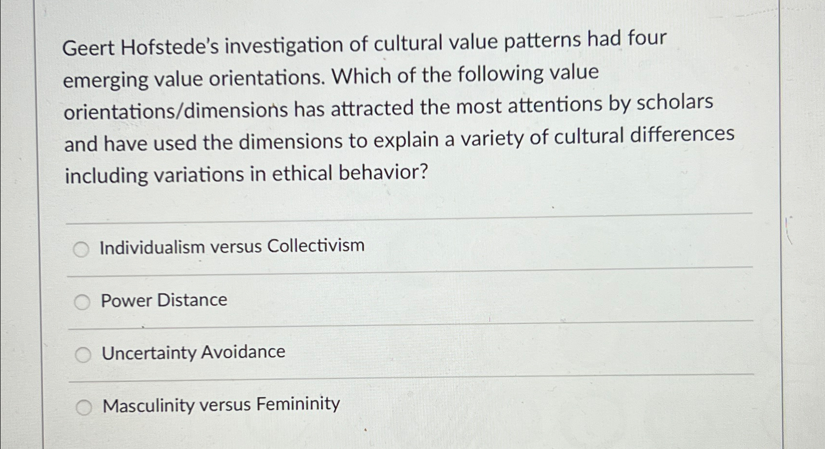 Solved Geert Hofstede's investigation of cultural value | Chegg.com