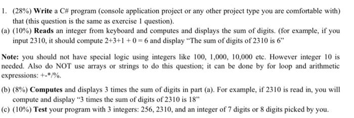 Solved 1. (28%) Write a C# program (console application | Chegg.com