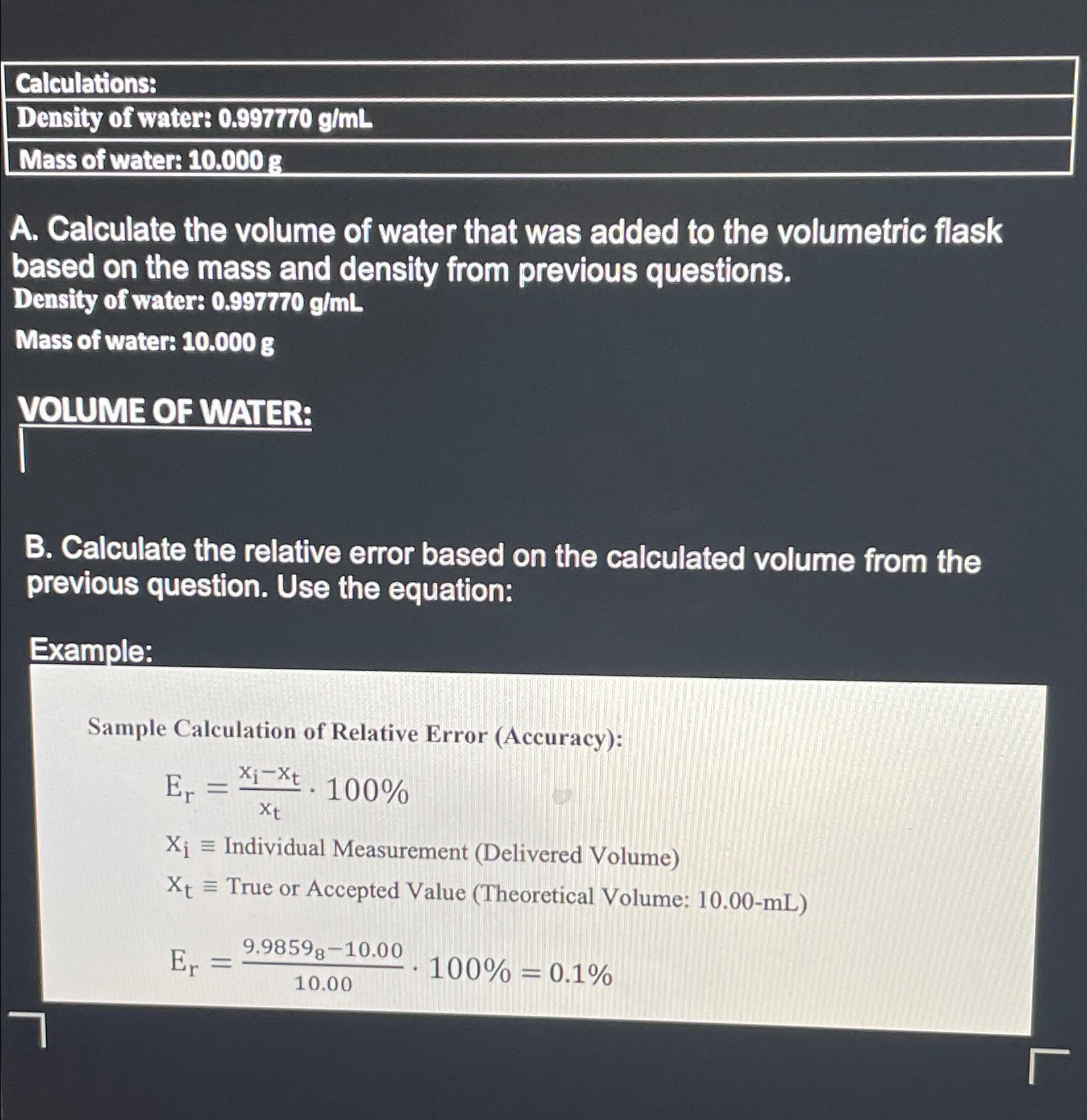 Solved Calculations:Density of water: 0.997770gmLMass of | Chegg.com