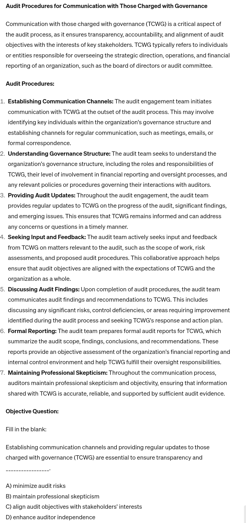 Solved Audit Procedures for Communication with Those Charged | Chegg.com
