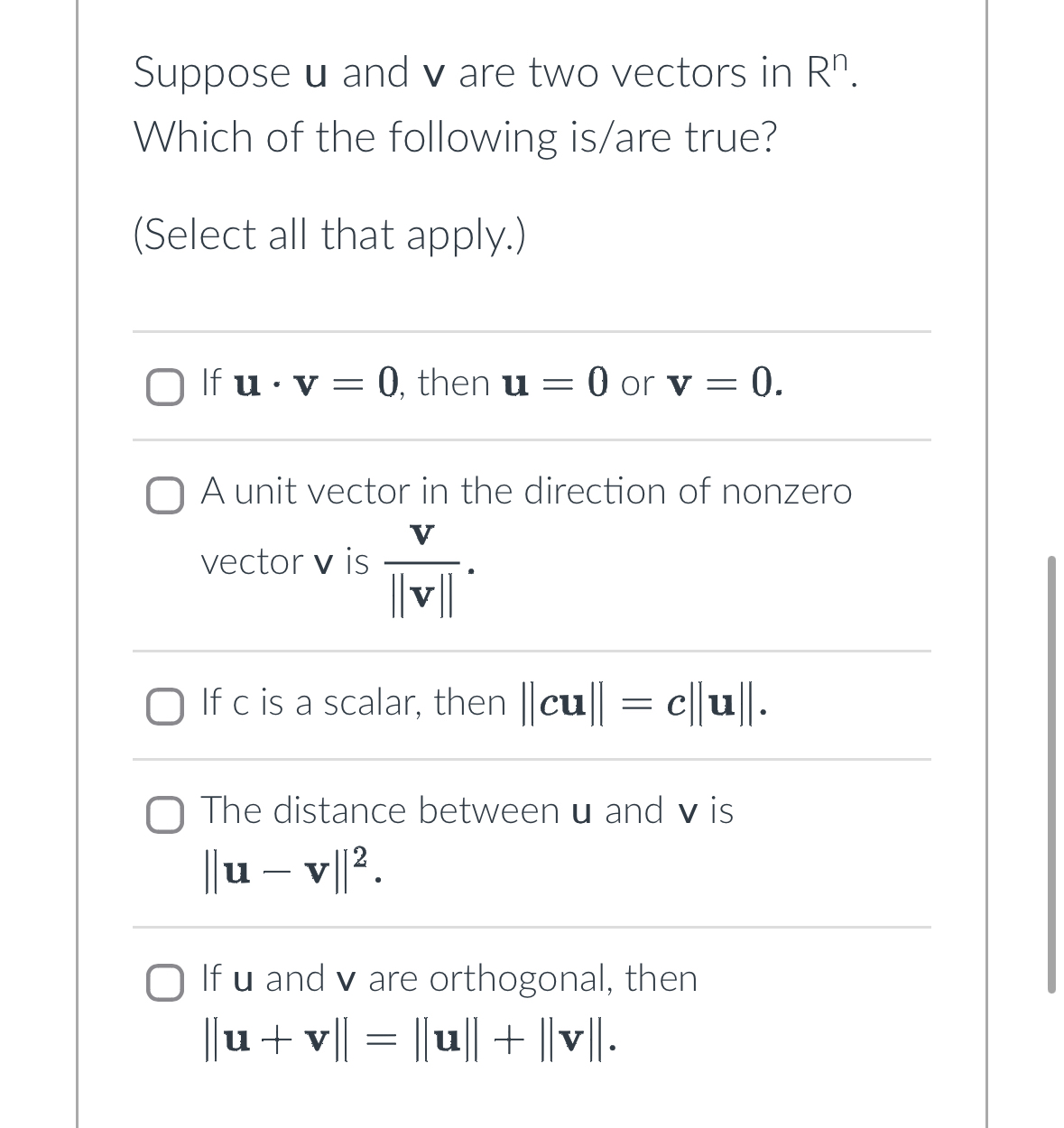 Suppose u ﻿and v ﻿are two vectors in Rn.Which of the | Chegg.com