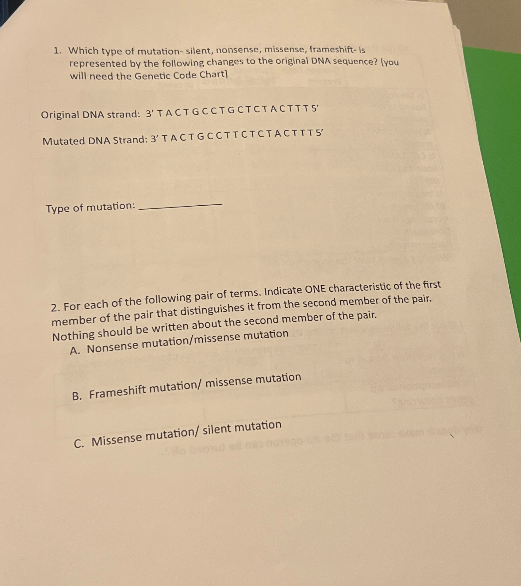 Solved Which type of mutation- ﻿silent, nonsense, missense, | Chegg.com