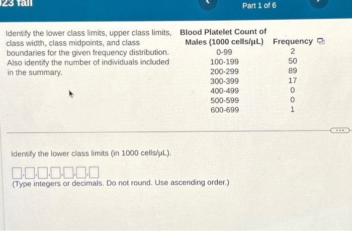 Solved Identify the lower class limits (in 1000 cells /μL ). | Chegg.com