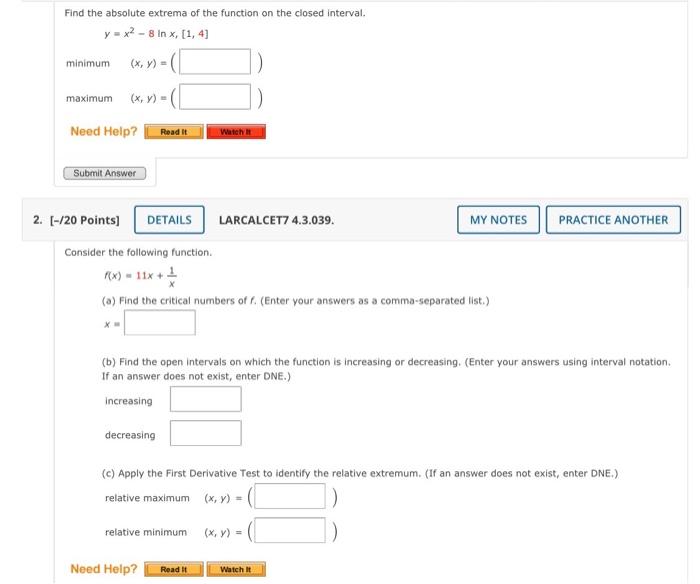 Solved Find the absolute extrema of the function on the | Chegg.com