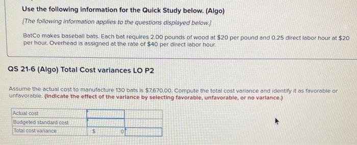 Solved Use the following information for the Quick Study | Chegg.com
