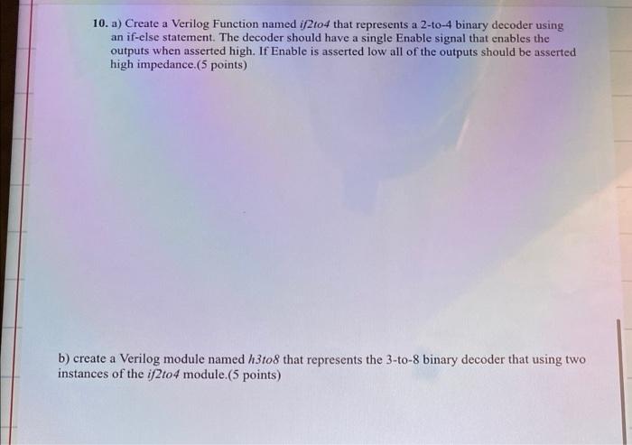 Solved 10. a) Create a Verilog Function named i/2t04 that | Chegg.com