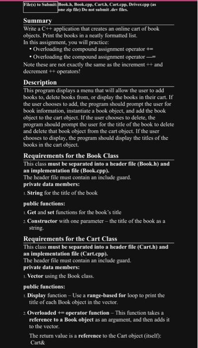 Solved File(s) to Submit: Book:h, Book.cpp, Carth, Cart.epp, | Chegg.com