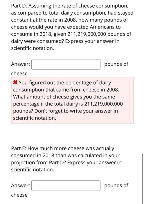 Solved Part D: Assuming the rate of cheese consumption, as | Chegg.com
