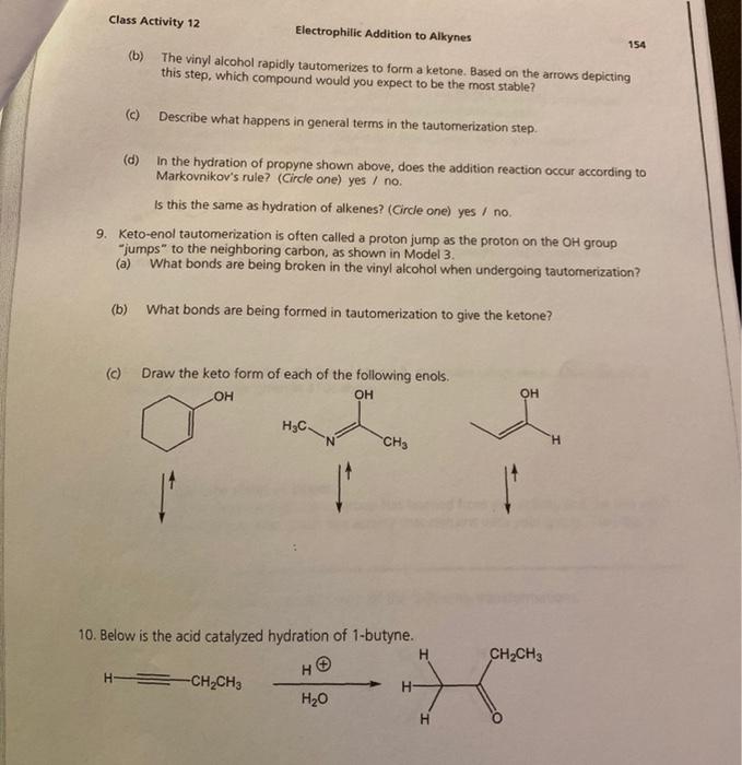 Solved Model 3: Hydration of Alkynes (Addition of H20) | Chegg.com