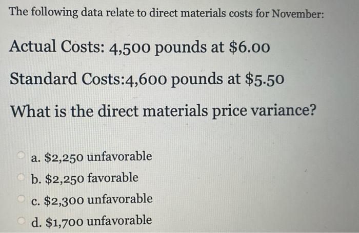 Solved The following data relate to direct materials costs | Chegg.com