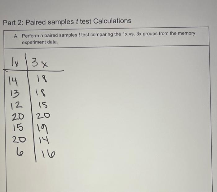Solved Part 2: Paired samples t test Calculations A. Perform | Chegg.com