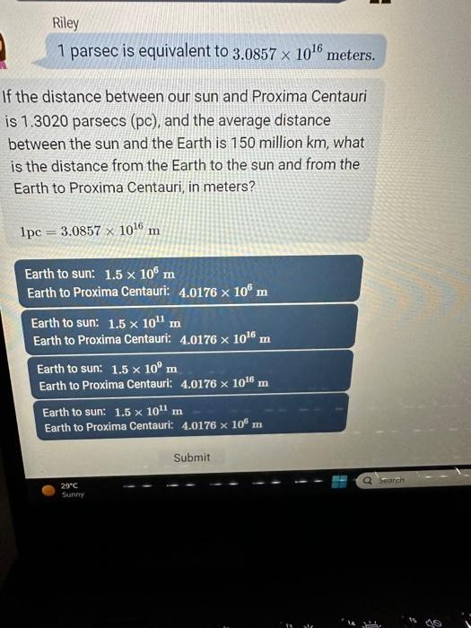 Solved If the distance between our sun and Proxima Centauri | Chegg.com