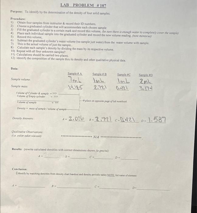 Solved LAB PROBLEM #107 Purpose: To identify by the | Chegg.com