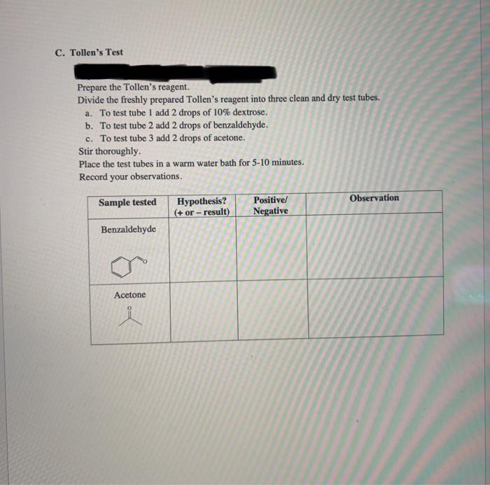 Solved C. Tollen's Test Prepare the Tollen's reagent. Divide | Chegg.com