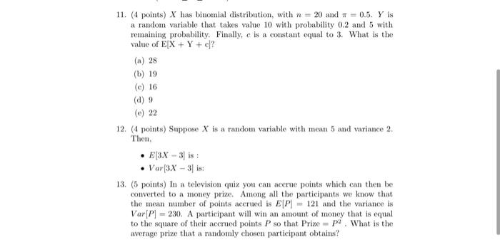 Solved 11. (4 points) X has binomial distribution, with n=20 | Chegg.com