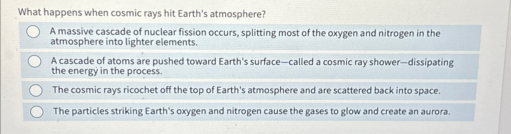 Solved What happens when cosmic rays hit Earth's | Chegg.com