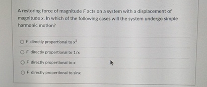Solved A restoring force of magnitude F acts on a system | Chegg.com