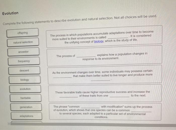 Solved Evolution Complete the following statements to | Chegg.com