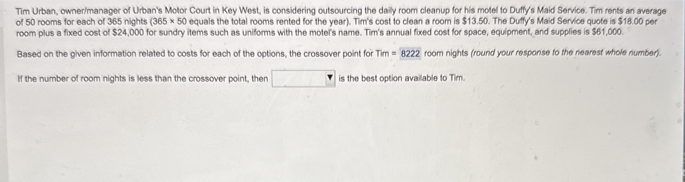 Solved Tim Urban, owner/manager of Urban's Motor Court in | Chegg.com