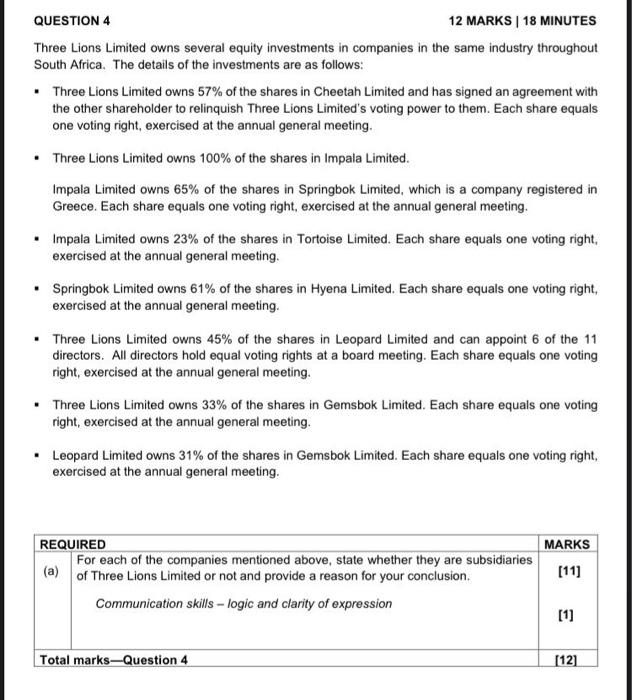 Solved Question 4 12 Marks 18 Minutes Three Lions Limited 