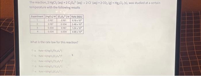 Solved The reaction, 2 HgCl₂ (aq) + 2 C₂042 (aq) → 2 Cl (aq) | Chegg.com