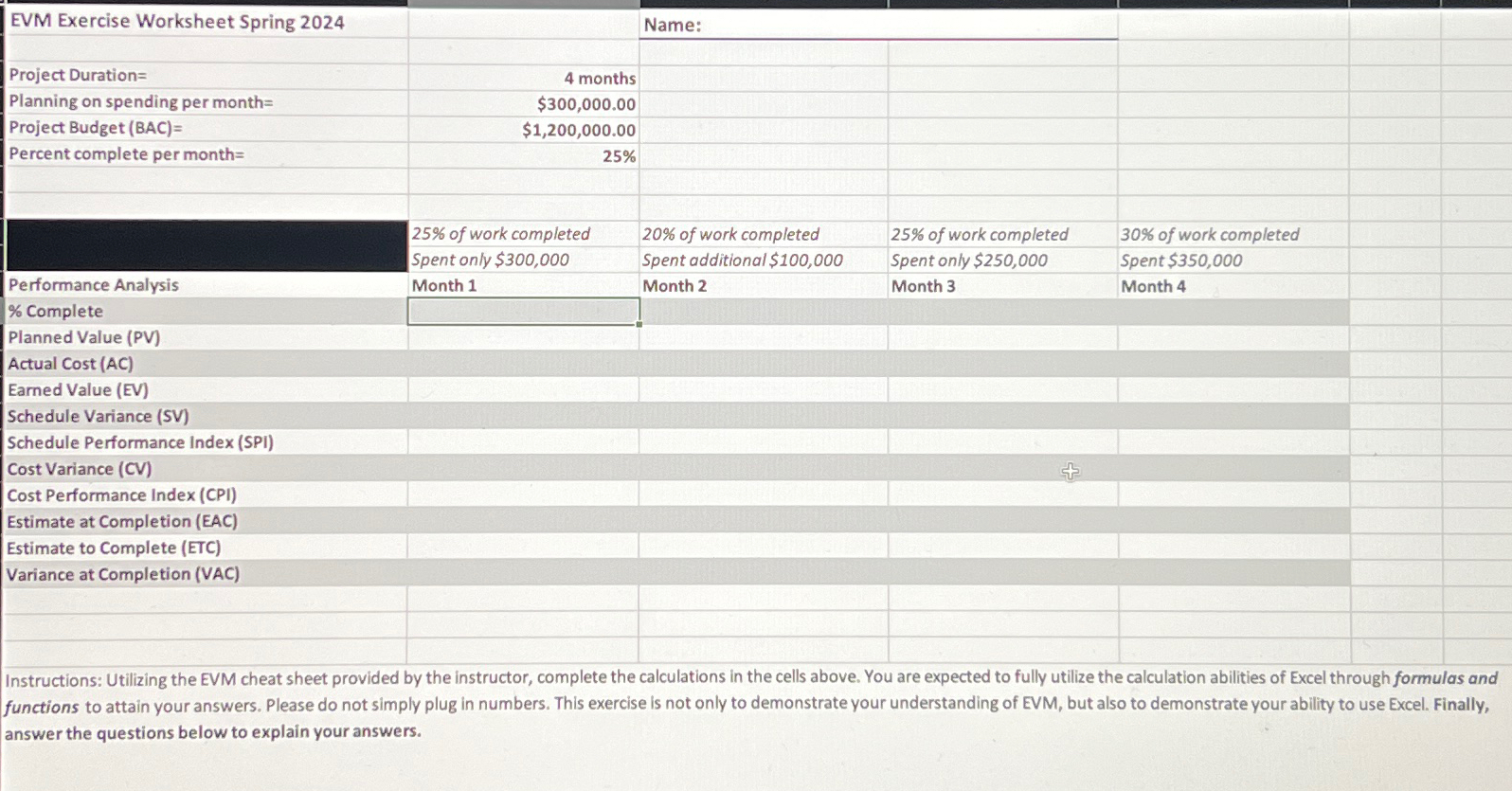 Solved EVM Exercise Worksheet Spring 2024\table[[Project | Chegg.com