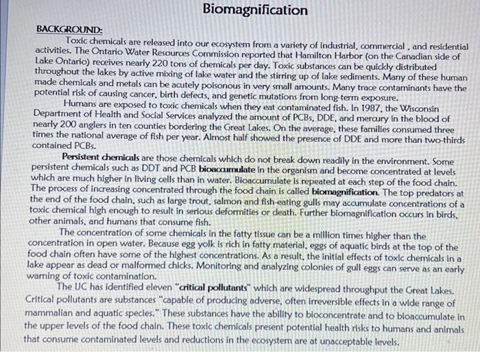 Solved Biomagnification BACKGROUND. Toxic chemicals are | Chegg.com