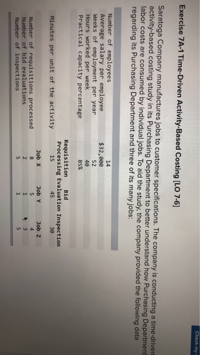 Solved Check my Exercise 7A-1 Time-Driven Activity-Based | Chegg.com