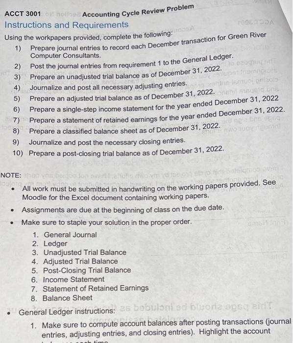 Solved ACCT 3001 Accounting Cycle Review Problem | Chegg.com