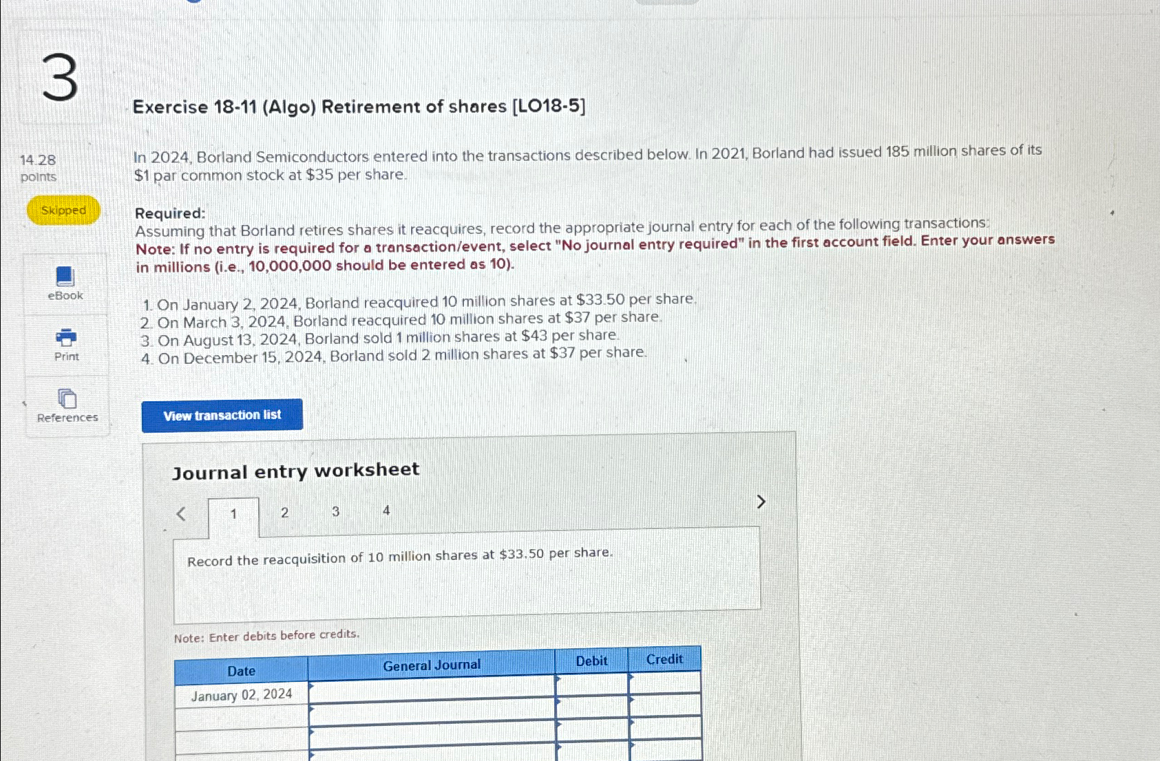 Solved Exercise 18-11 (Algo) ﻿Retirement of shares | Chegg.com
