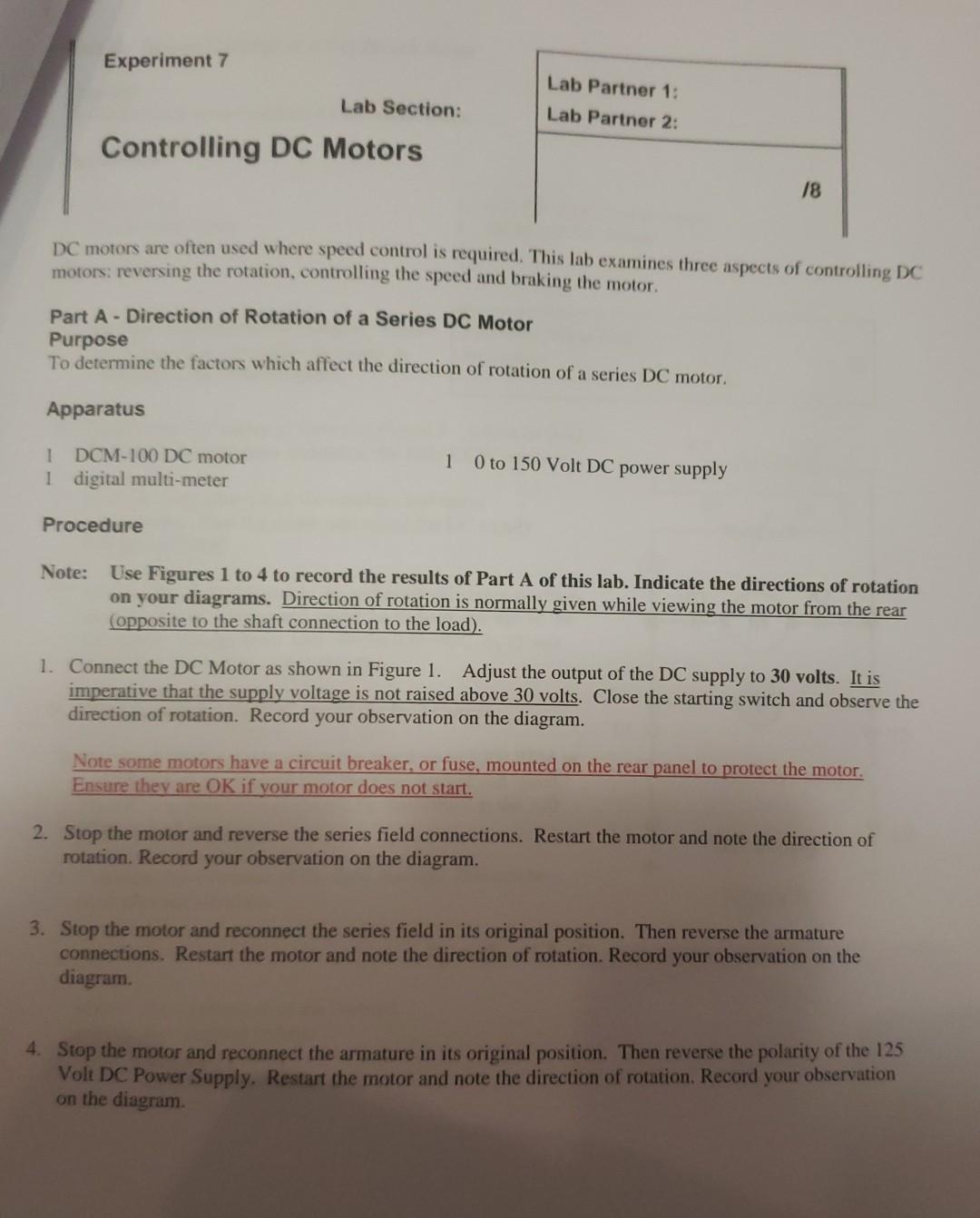Solved 1. Experiment 7 - Pre-lab T1 O Controlling DC Motors | Chegg.com