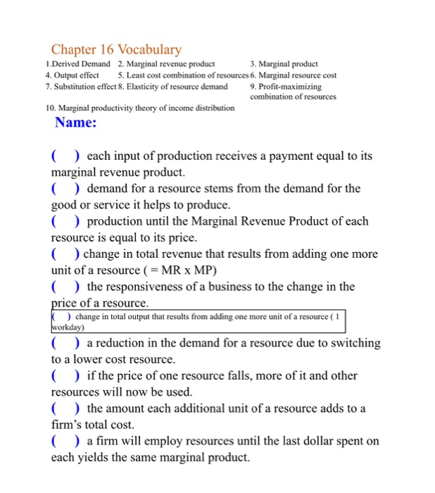 Solved Chapter 16 Vocabulary 1.Derived Demand 2. Marginal | Chegg.com