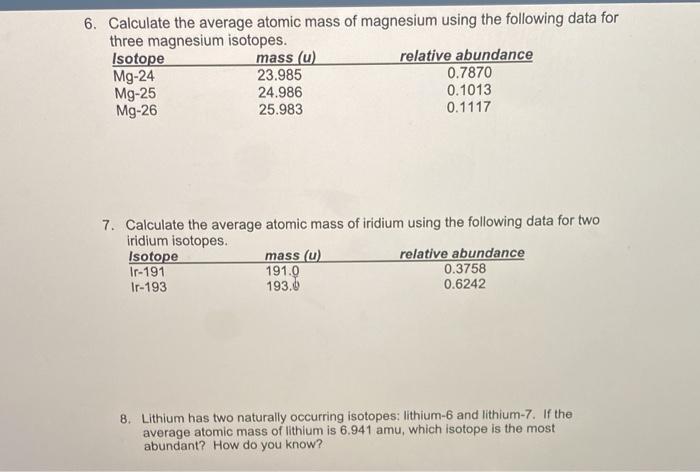 Solved 6. Calculate the average atomic mass of magnesium | Chegg.com