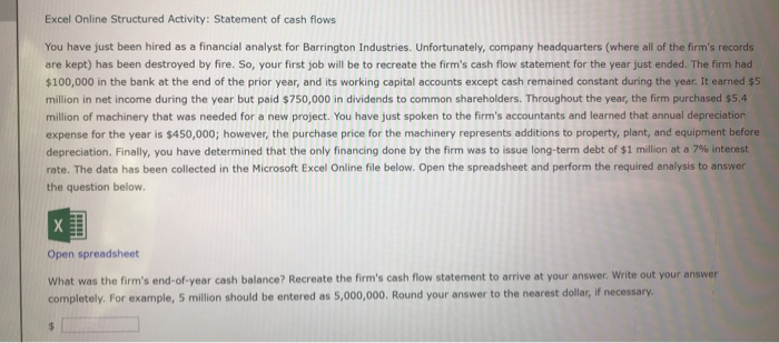 Solved Excel Online Structured Activity: Statement of cash | Chegg.com