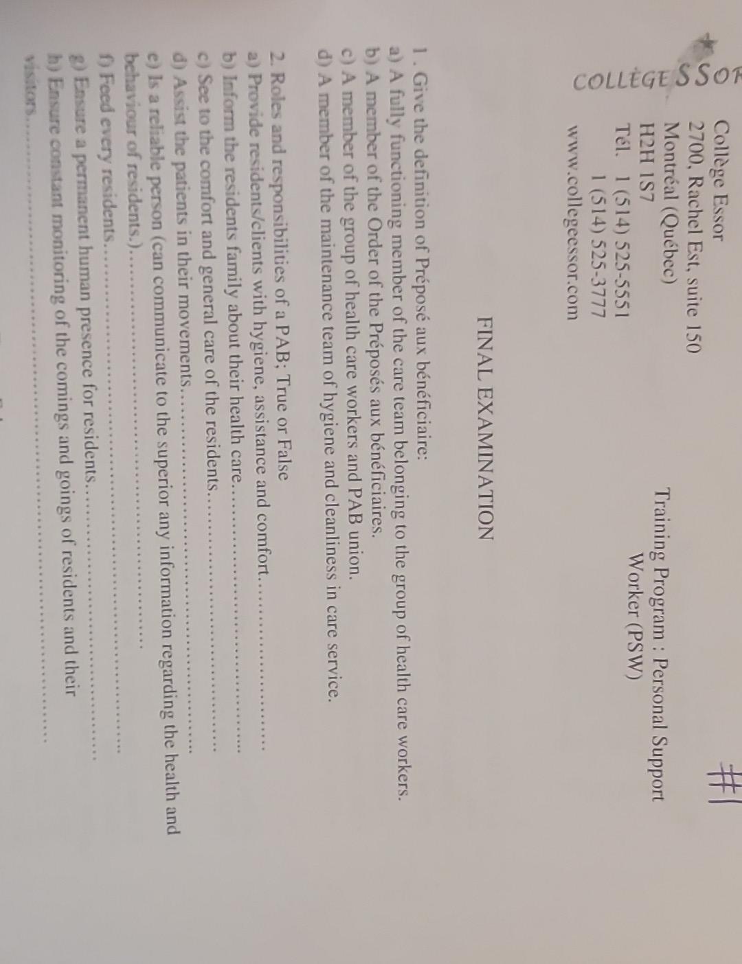 FINAL EXAMINATION 1. Give the definition of Préposé | Chegg.com