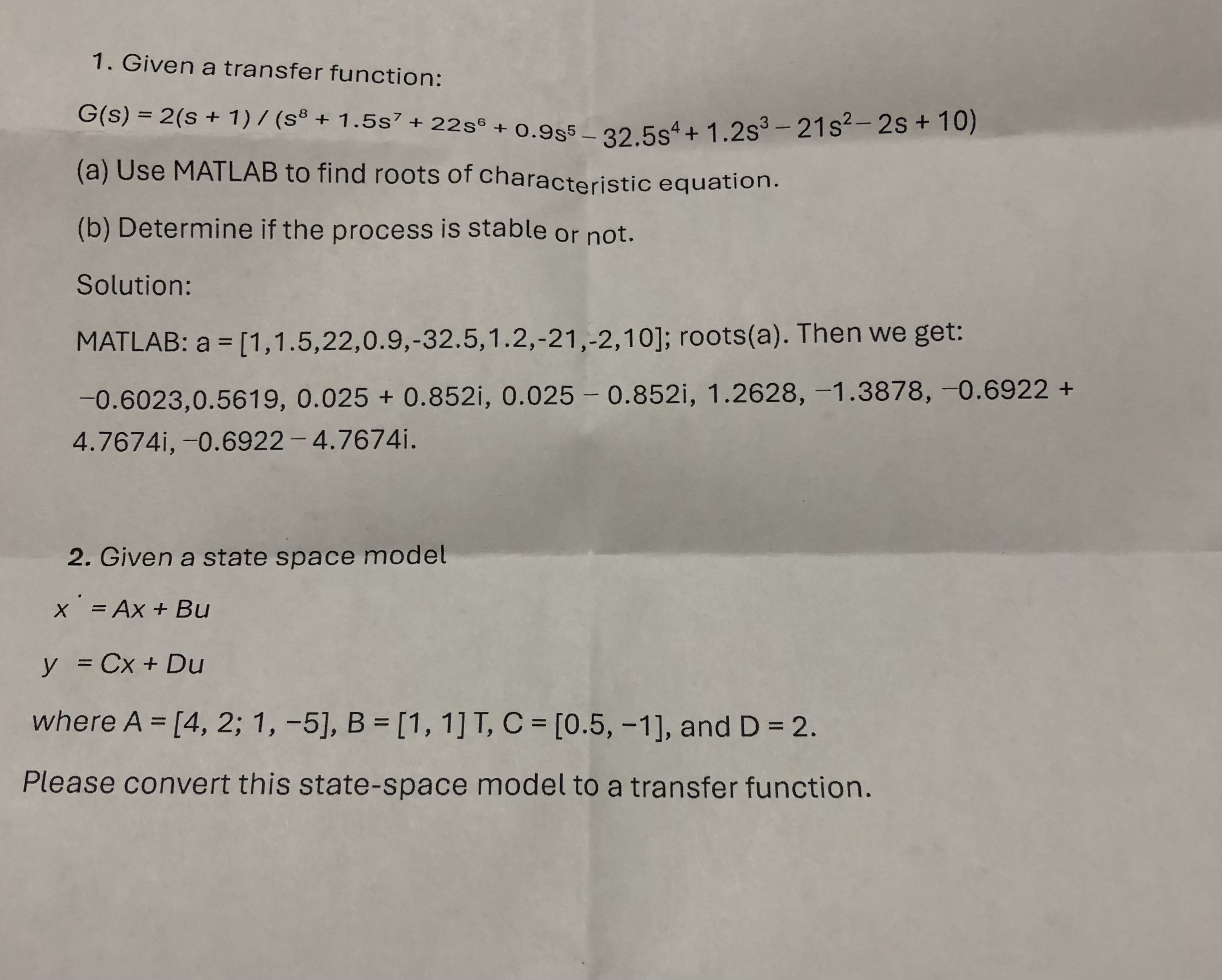 Solved Given a transfer | Chegg.com