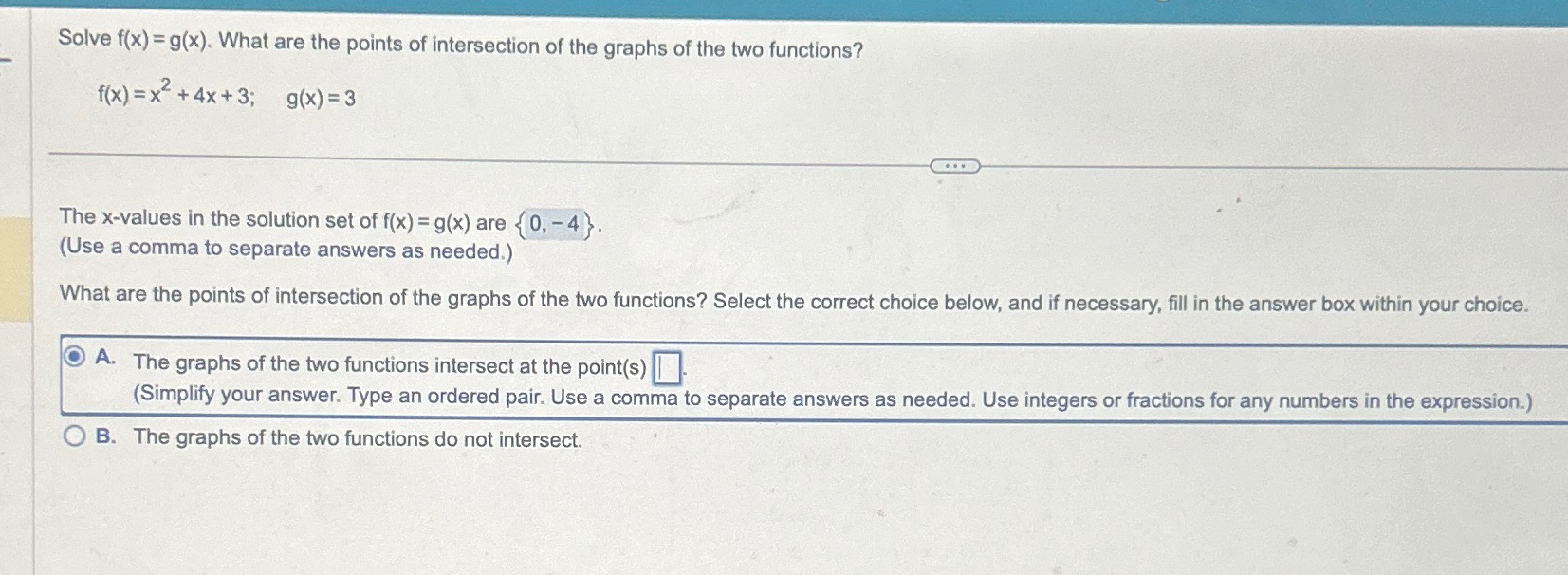 Solved Solve f(x)=g(x). ﻿What are the points of intersection | Chegg.com