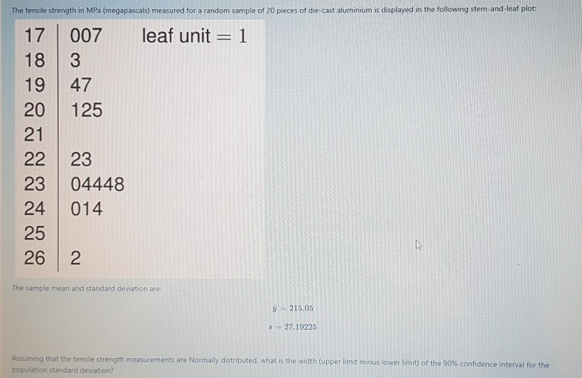 Solved The tensile strength in MPa (megapascals) measured | Chegg.com