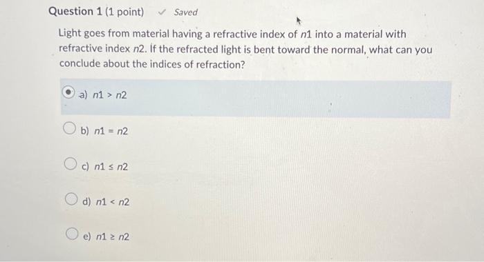 Solved Question 1 (1 point) Saved Light goes from material | Chegg.com