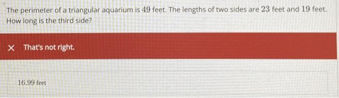 Solved The perimeter of a triangular aquarium is 49 feet. | Chegg.com