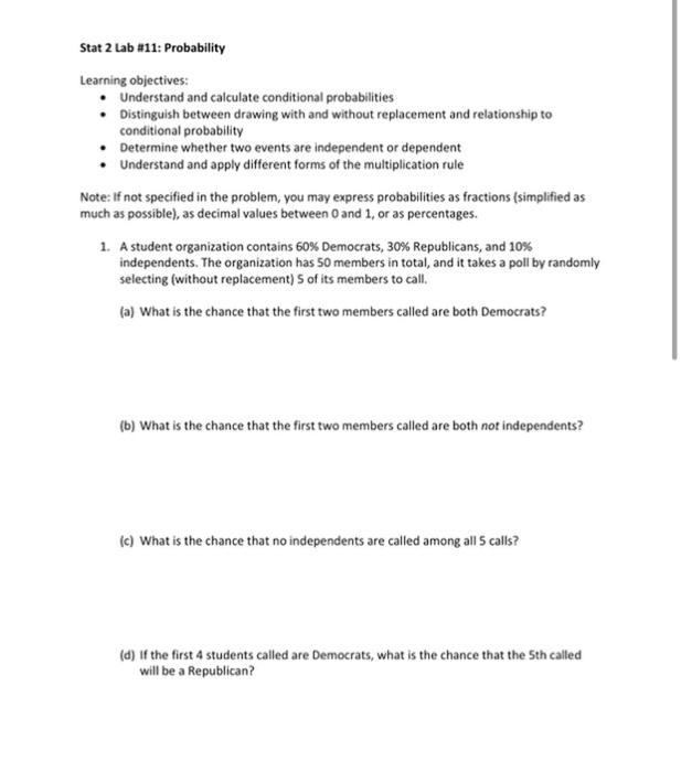 Solved Stat 2 Lab #11: Probability Learning objectives: | Chegg.com