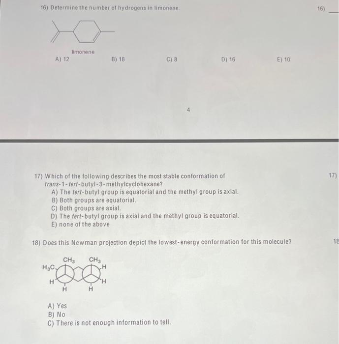 Solved 16) Determine the number of hydrogens in limonene. | Chegg.com