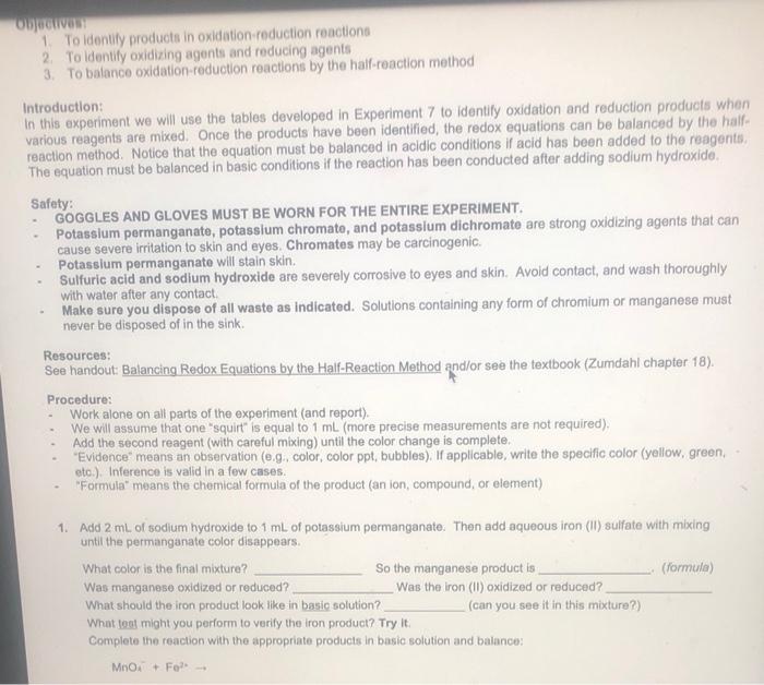 Solved 000 1. To identity products in oxidation reduction | Chegg.com
