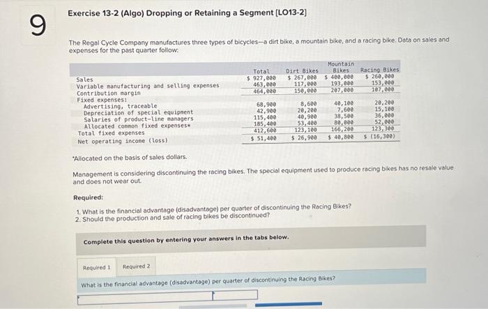 Solved Exercise 13-2 (Algo) Dropping or Retaining a Segment | Chegg.com