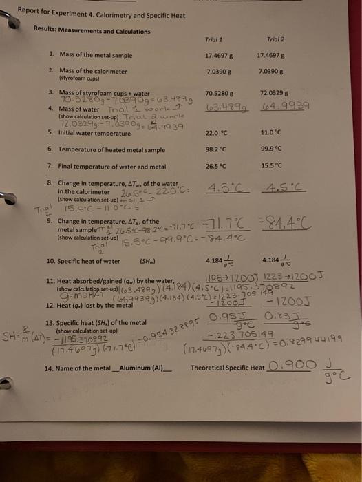Solved Experiment 4 Calorimetry and Specific heat Questions | Chegg.com
