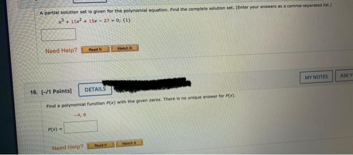 Solved A partial solution set is given for the polynomial | Chegg.com