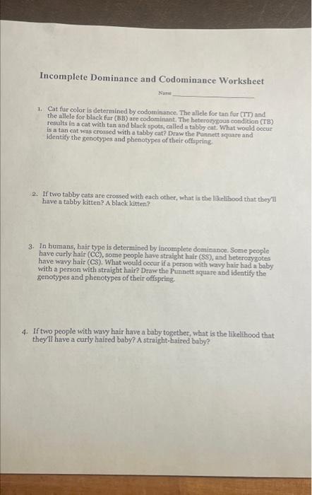 Solved Incomplete Dominance and Codominance Worksheet | Chegg.com