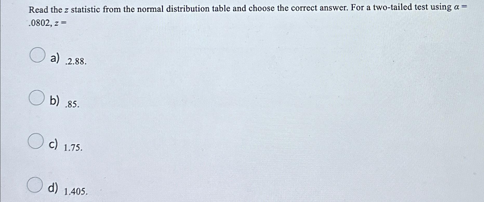 Solved Read the z ﻿statistic from the normal distribution | Chegg.com
